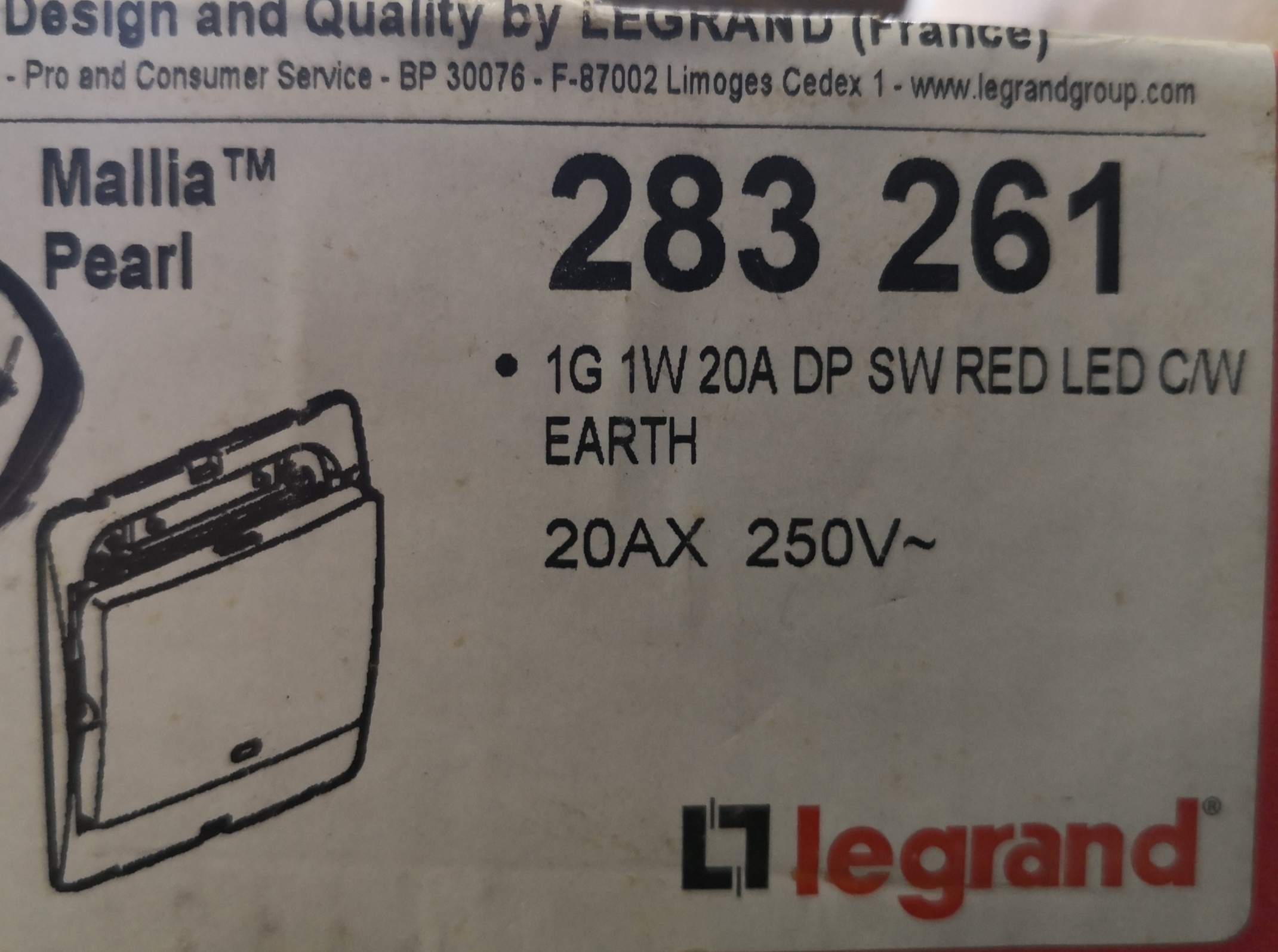 Legrand Mallia 20A DP Switch -Pearl White (283261+281950)